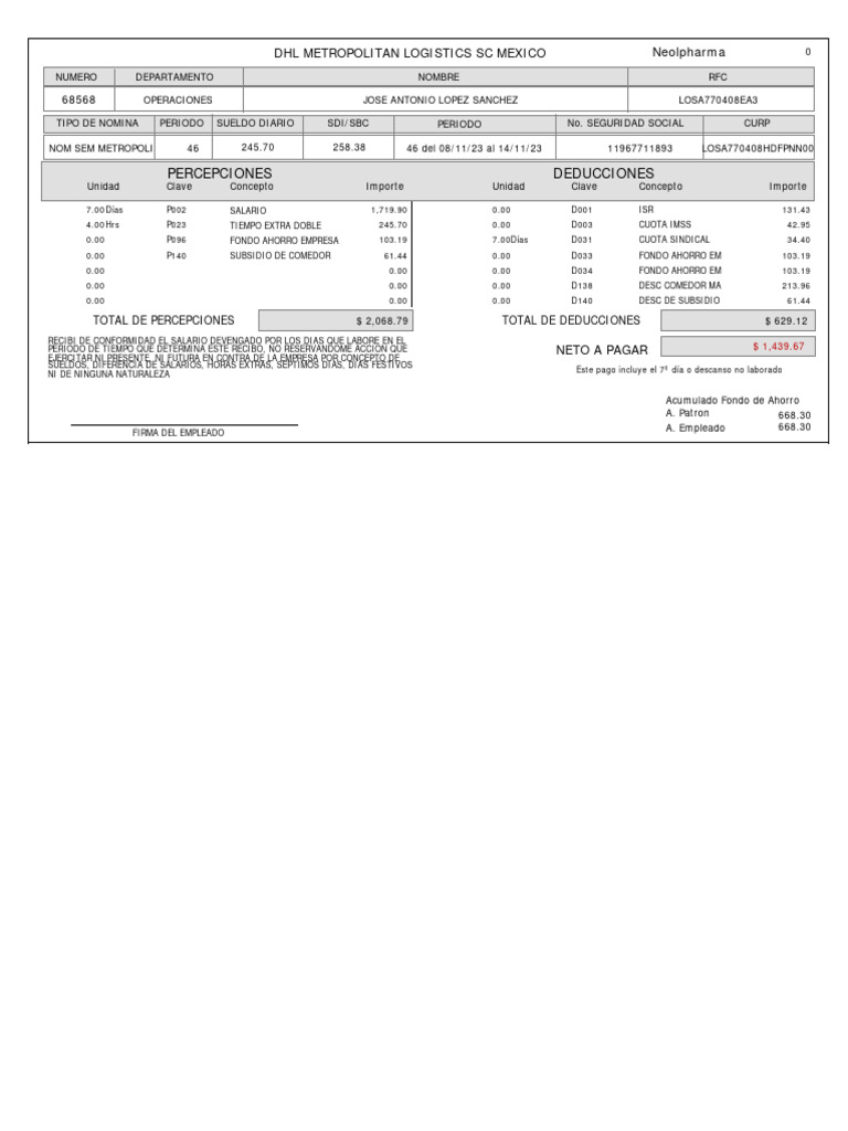 Recibo DHL | PDF | Salario | Empleo