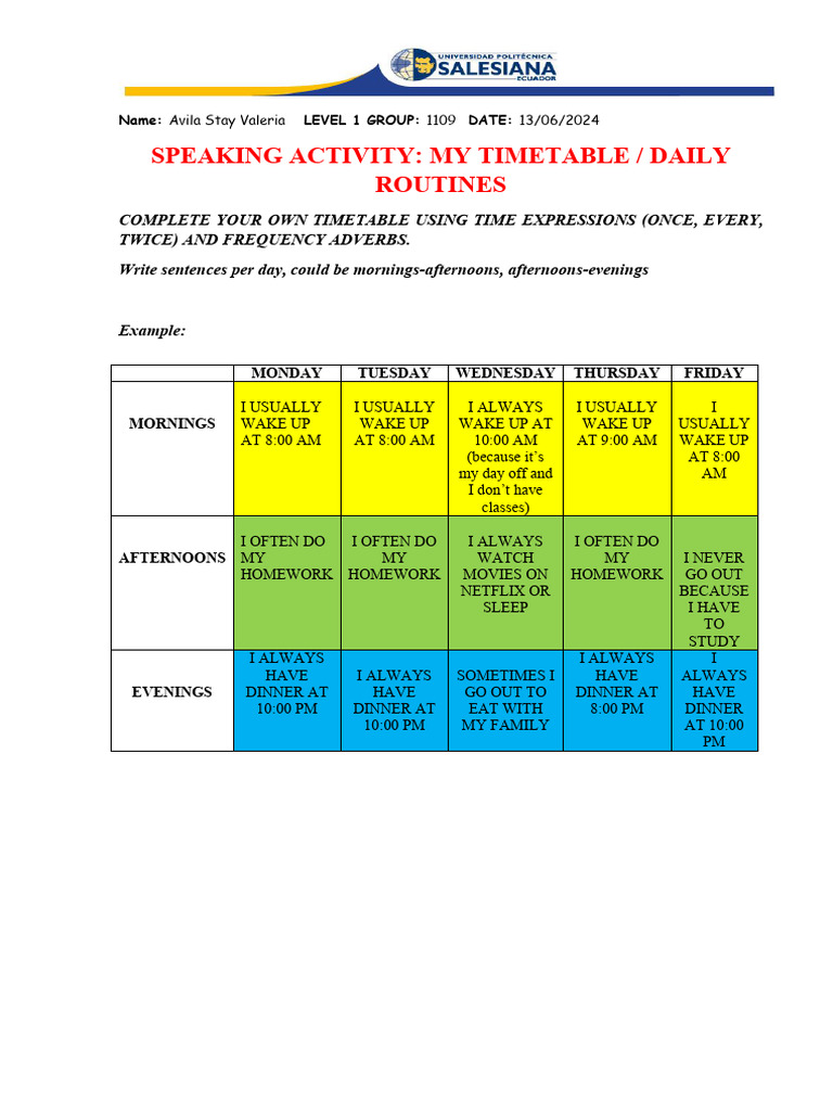 MY TIMETABLE - SPEAKING ACTIVITY | PDF