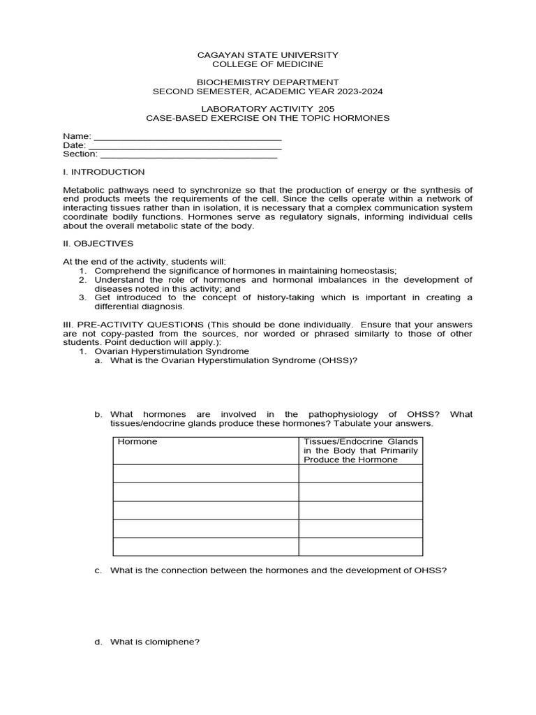 Biochemistry Lab Activity 205 Activity Sheet | PDF | Hormone ...