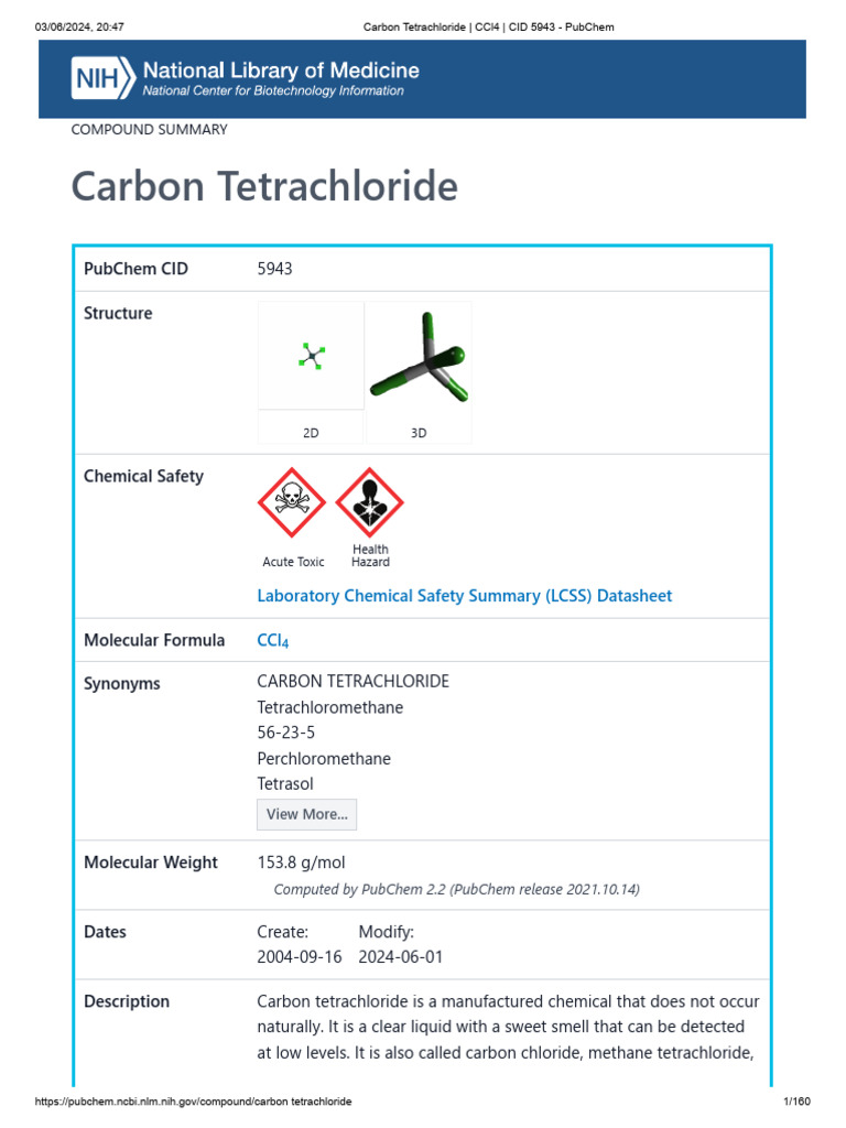 Carbon Tetrachloride - CCl4 - CID 5943 - PubChem | PDF | Chemistry ...