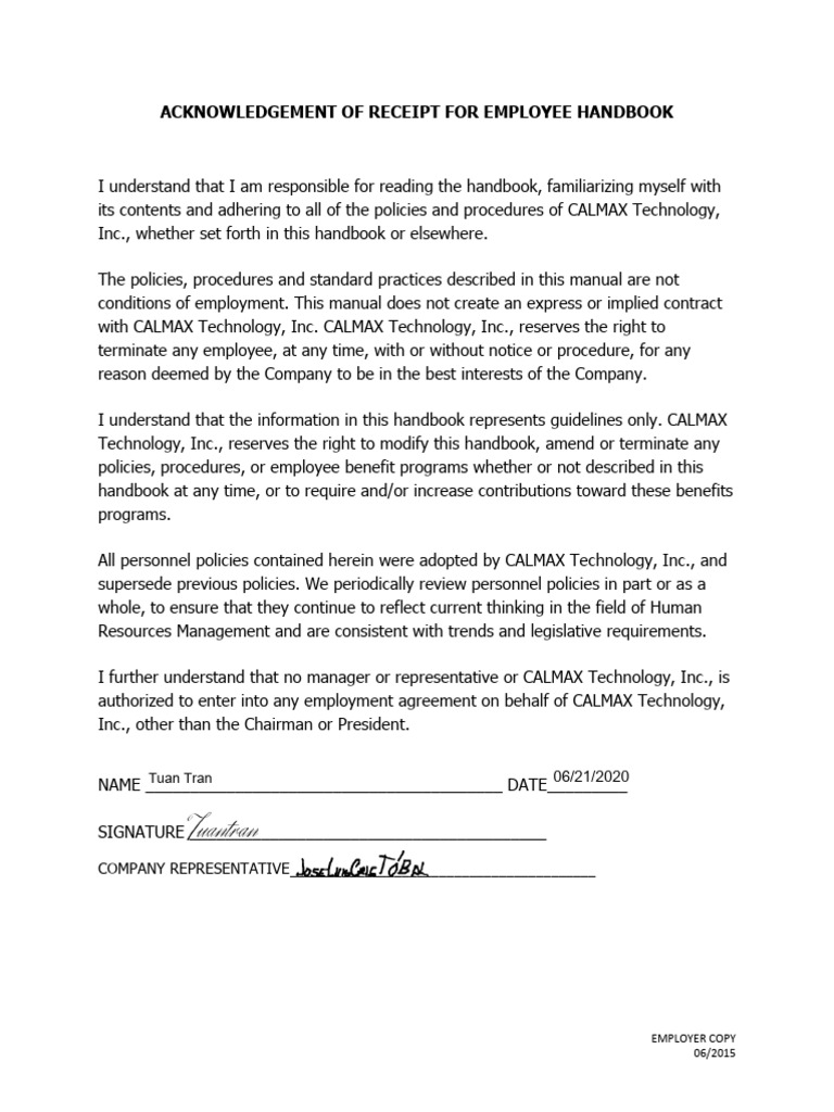 Employee Handbook With Acknowledgement Receipt_fillable | Download Free ...