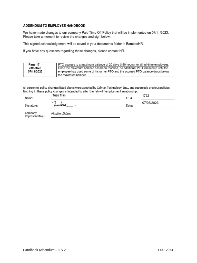PTO Policy Update Addendum | PDF