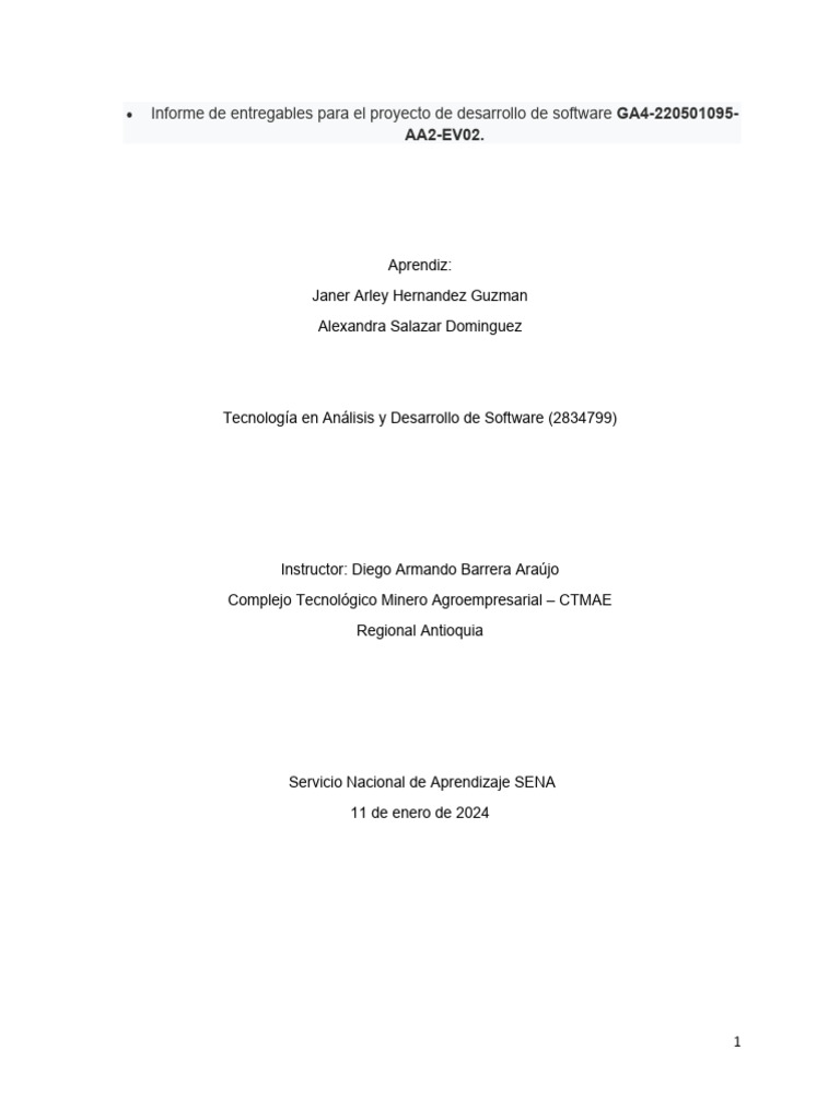 Informe de Entregables para El Proyecto de Desarrollo de Software GA4-220501095-AA2-EV02. | PDF ...