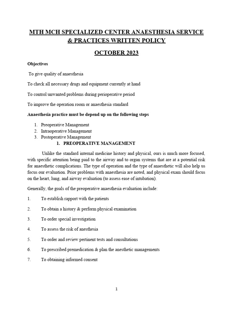 Policy of Anaesthsia For MTH | PDF | Anesthesia | Surgery