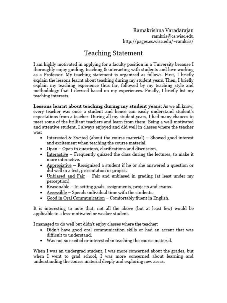 Teaching Statement: Ramakrishna Varadarajan | PDF | Teachers | Methodology