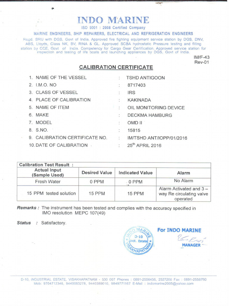 83-OWS - 15 Ppm Calibration Report Sample | PDF