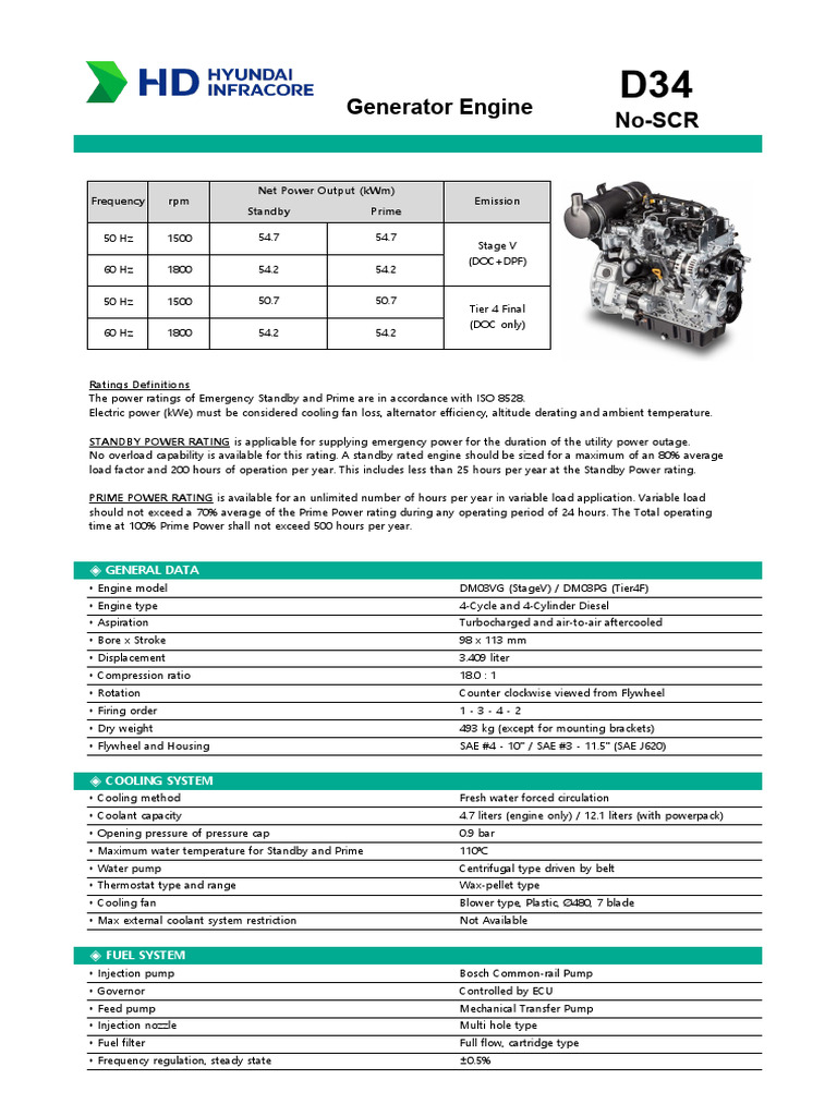 HD d34 Spec Sheet Gen 60kva Rev05 | PDF | Engines | Pump