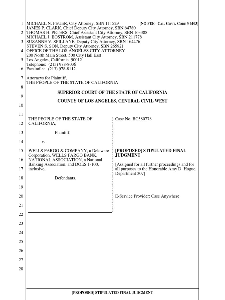 Wells Fargo Stipulated Final Judgment (Case No. Bc580778) | PDF ...