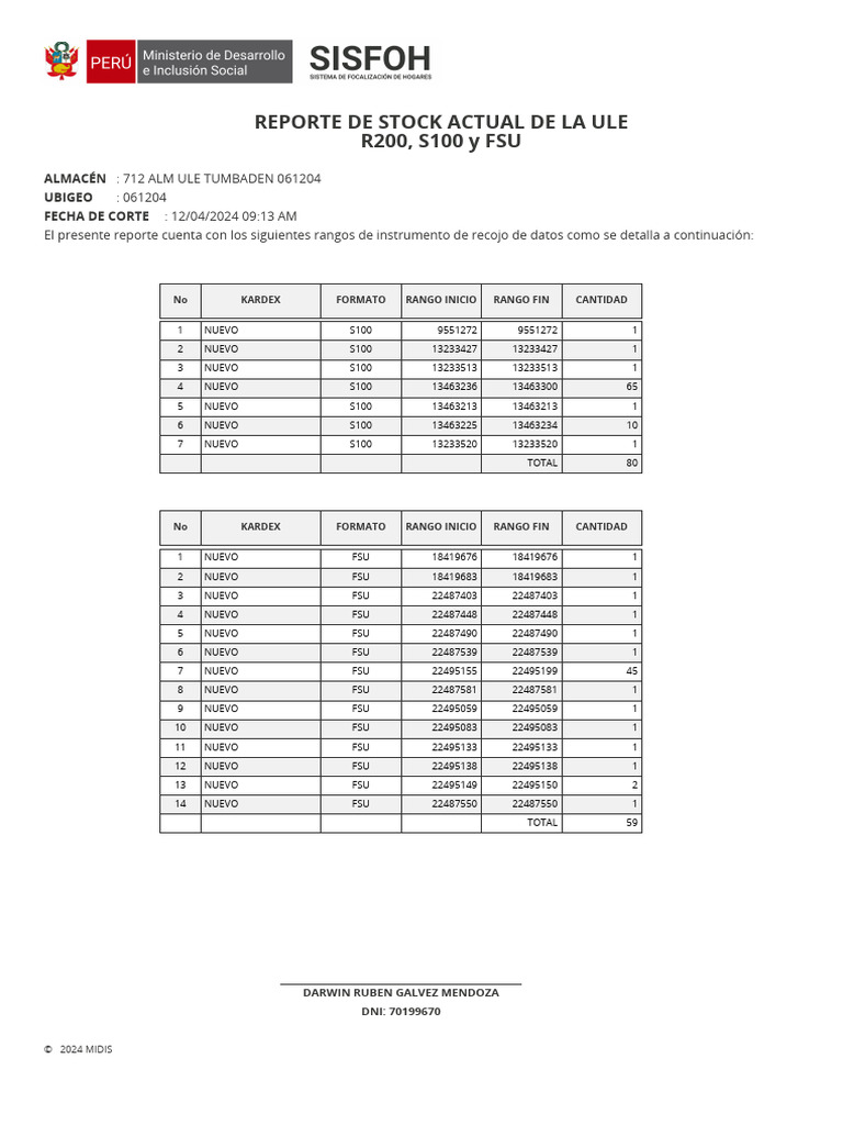 Reporte de Stock ULE Tumbaden 2024 | PDF