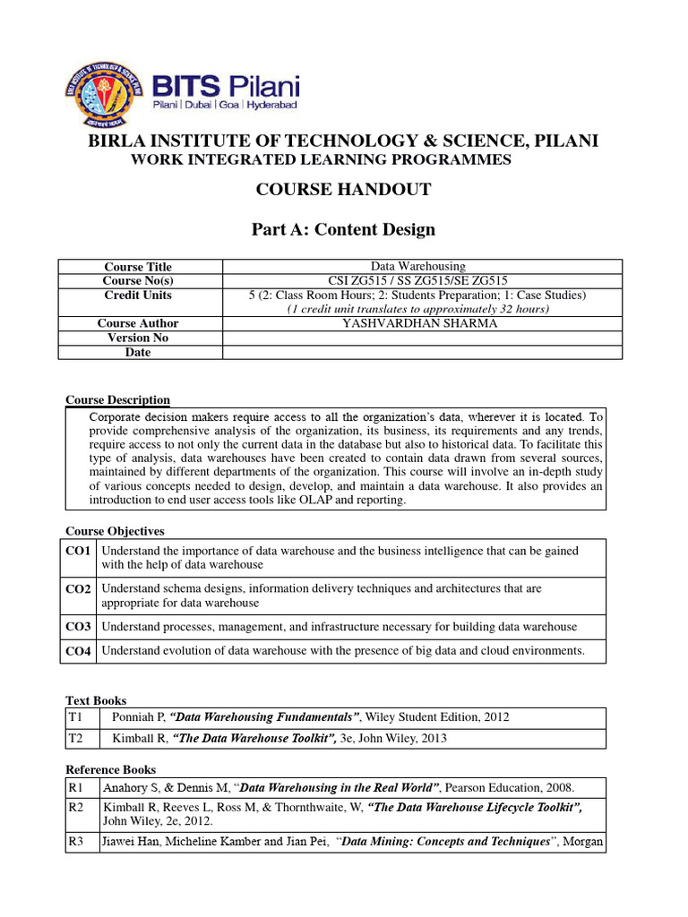 Csi ZG515 Course Handout | PDF | Data Warehouse | Information Technology
