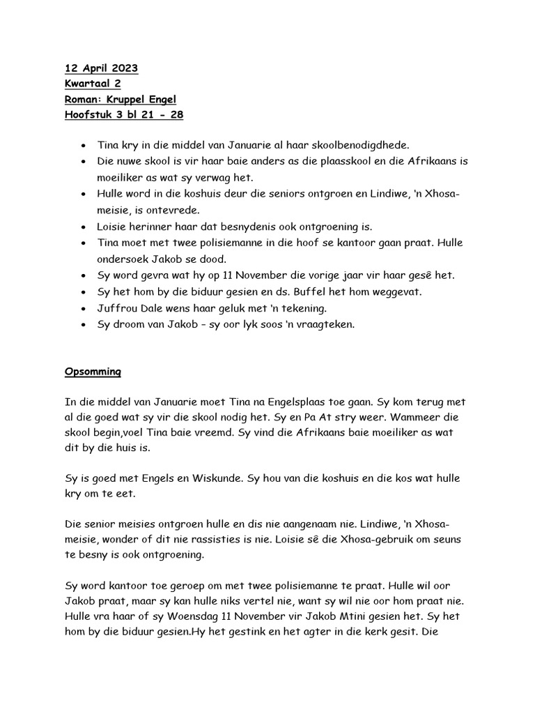 Die Kruppel Engel - Hoofstuk 3 Opsomming en Antwoorde | PDF