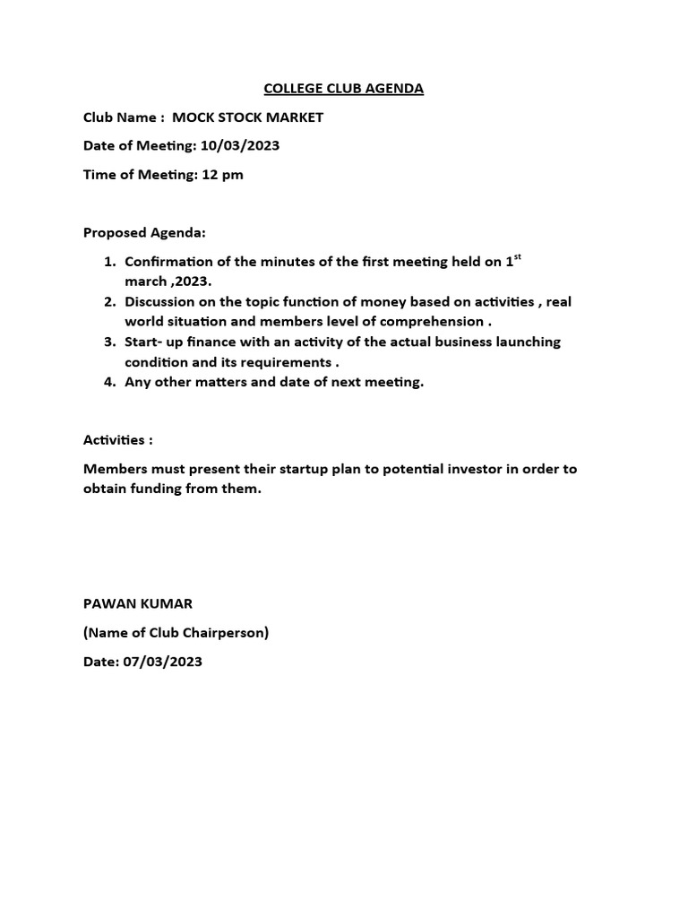 College Club Agenda | PDF | Business | Finance & Money Management