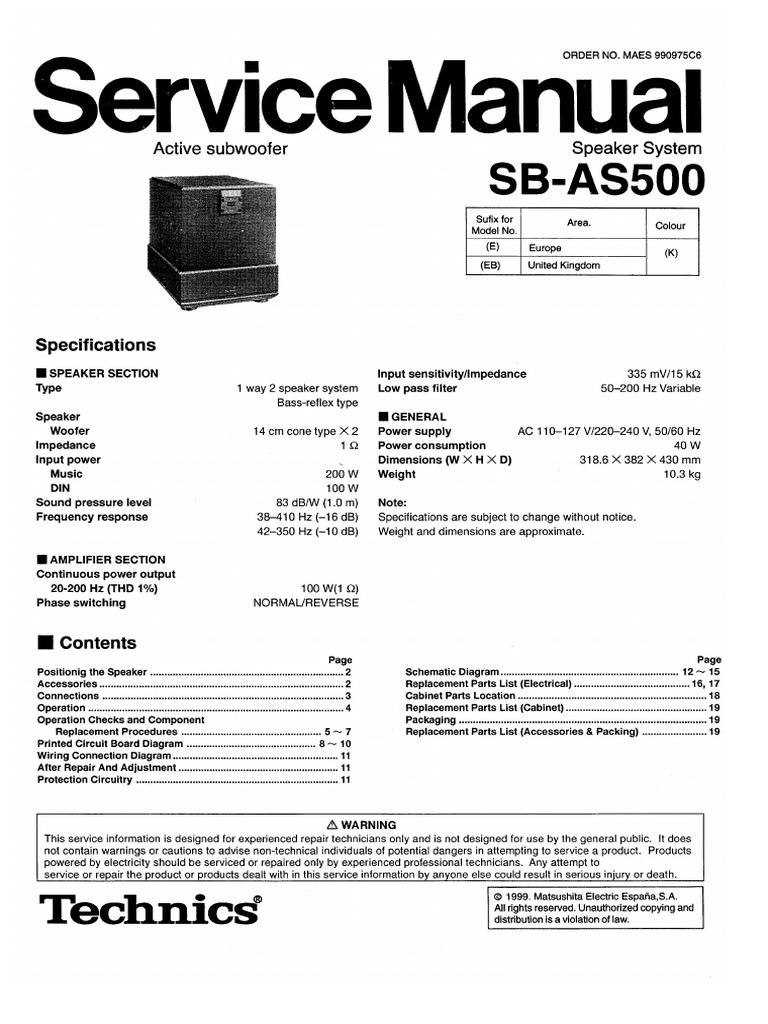 Technics Active Subwoofer Sb-As500 | PDF