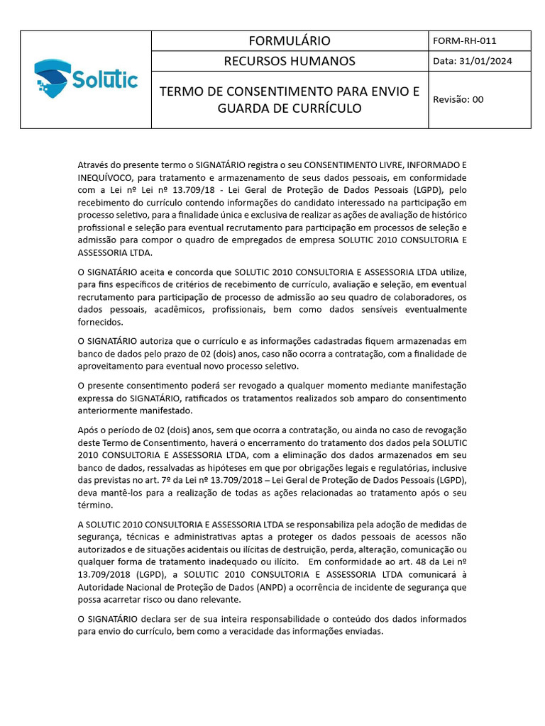 FORM-RH-011 Modelo Termo de Consentimento Envio e Armazenamento de ...