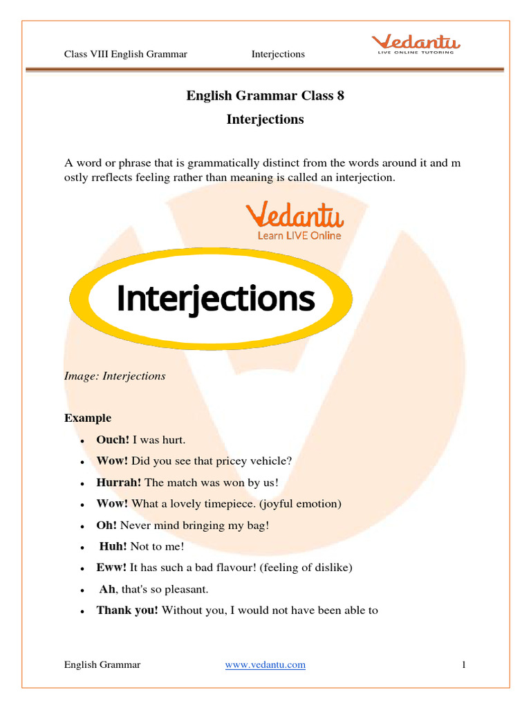 Class 8 Interjections Explained | PDF | English Grammar | Linguistics