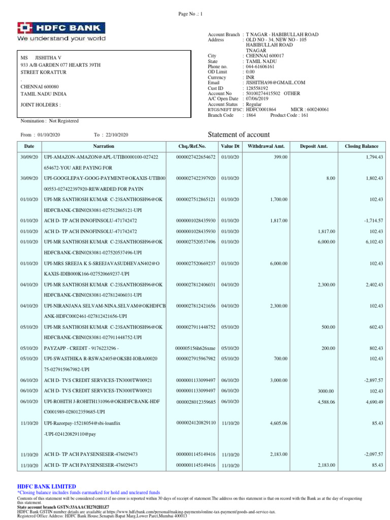 Statement of Account: Date Narration Chq./Ref - No. Value DT Withdrawal ...