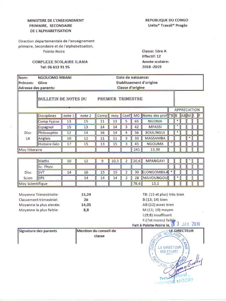 Bulletin de Notes Premiere20240409 - 16004858 | PDF