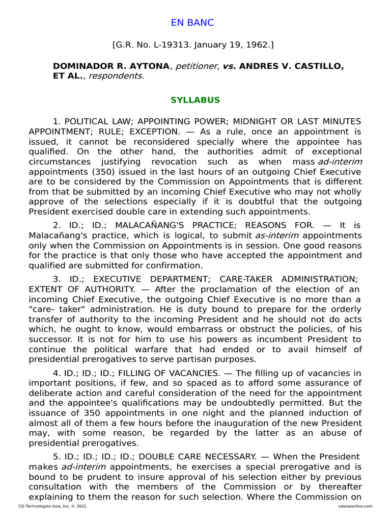 Aytona V Castillo | PDF | American Government | Presidents Of The ...