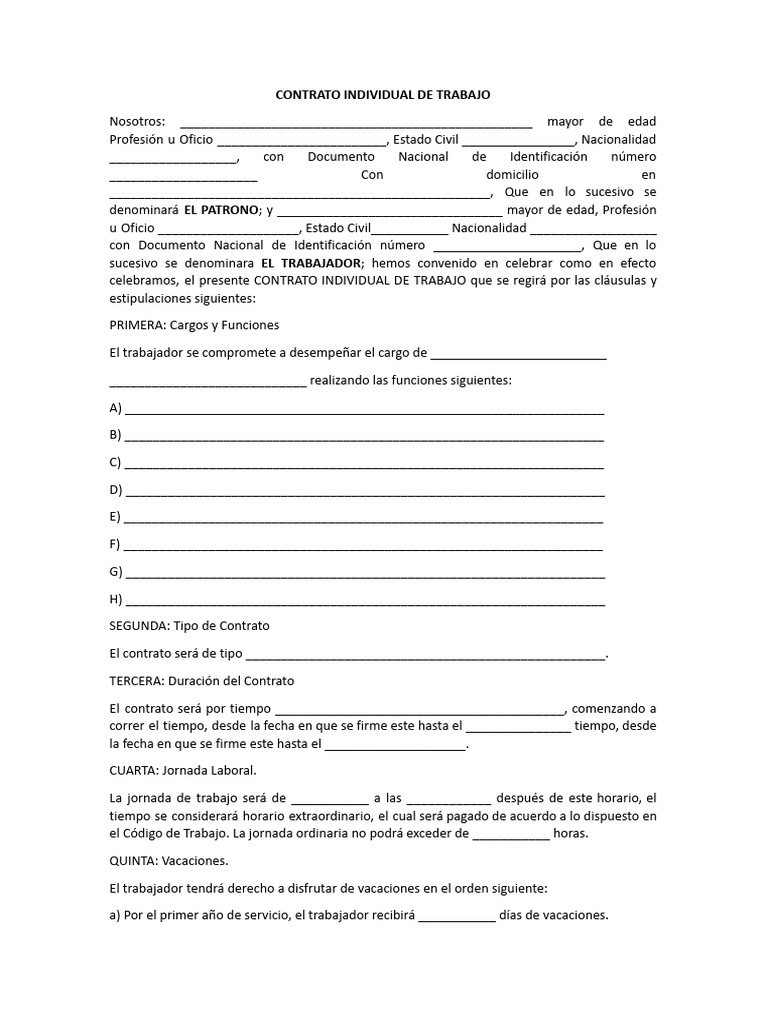 Contrato Individual de Trabajo Detallado | PDF | Tiempo de trabajo ...