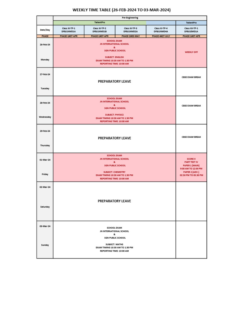 IIT-JEE TIME TABLE 26 FEB - 03 MAR 2024 (2) | PDF | Workweek And Weekend | Educational ...