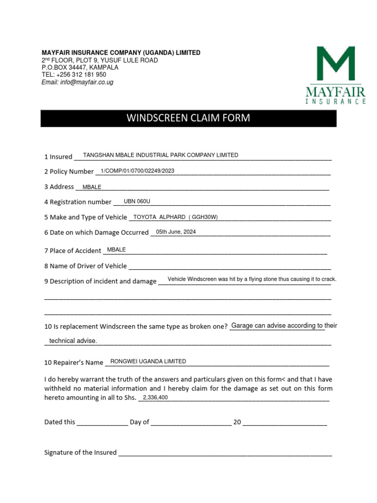 Mayfair Uganda Windscreen Claim Form | PDF