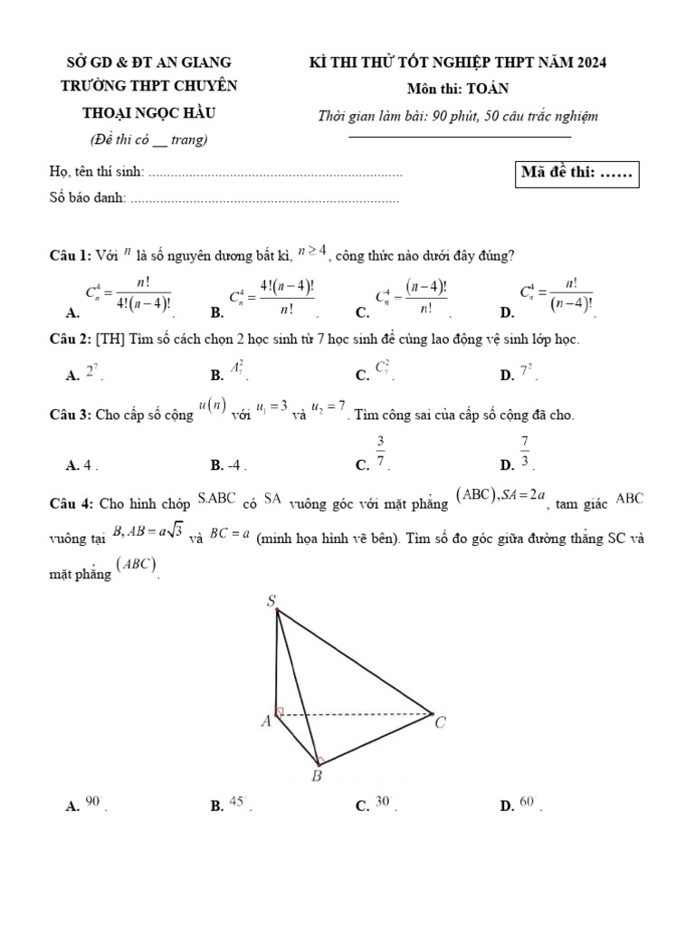 56 - Đề thi thử TN THPT môn Toán năm 2024 - Chuyên Thoại Ngọc Hầu - An Giang | PDF