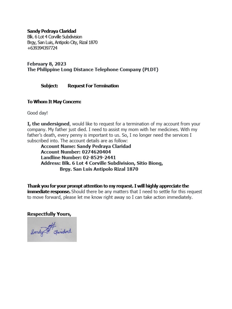 Request Letter To Terminate | PDF