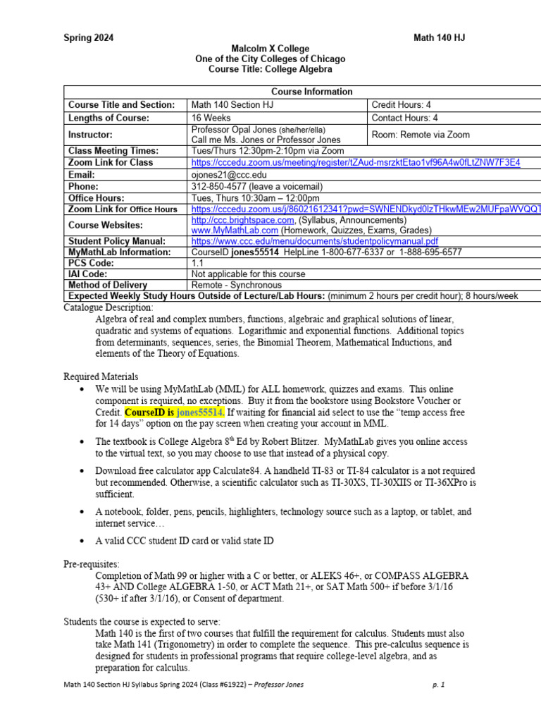 Math 140 HJ Syllabus Spring 2024 - Jones | PDF | Function (Mathematics ...