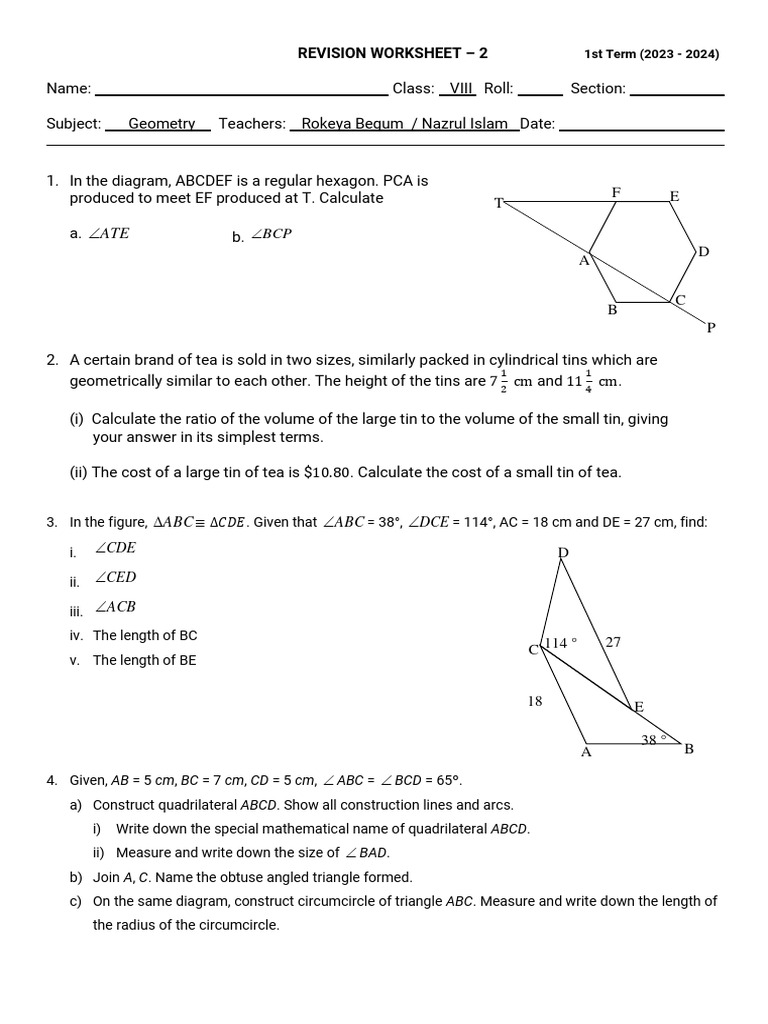 VIII-Geometry-Revision Worksheet-2 | PDF | Triangle | Geometry