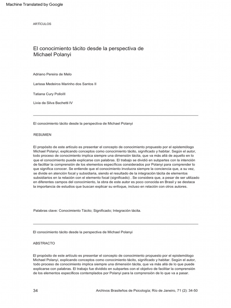 Conocimiento Tácito según Polanyi | PDF | Conocimiento | Pensamiento