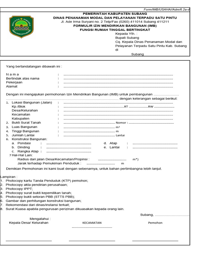 Formulir IMB Subang | PDF