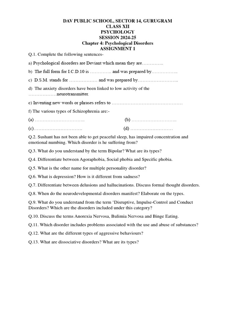 Practice Assignment for Ch-4 Psychological Disorders Class 12th | PDF