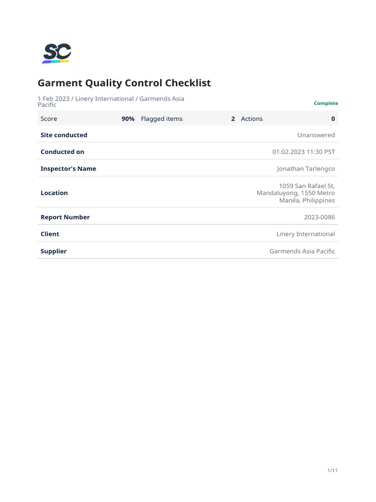 Garment Quality Control Report 2023 | PDF | Clothing