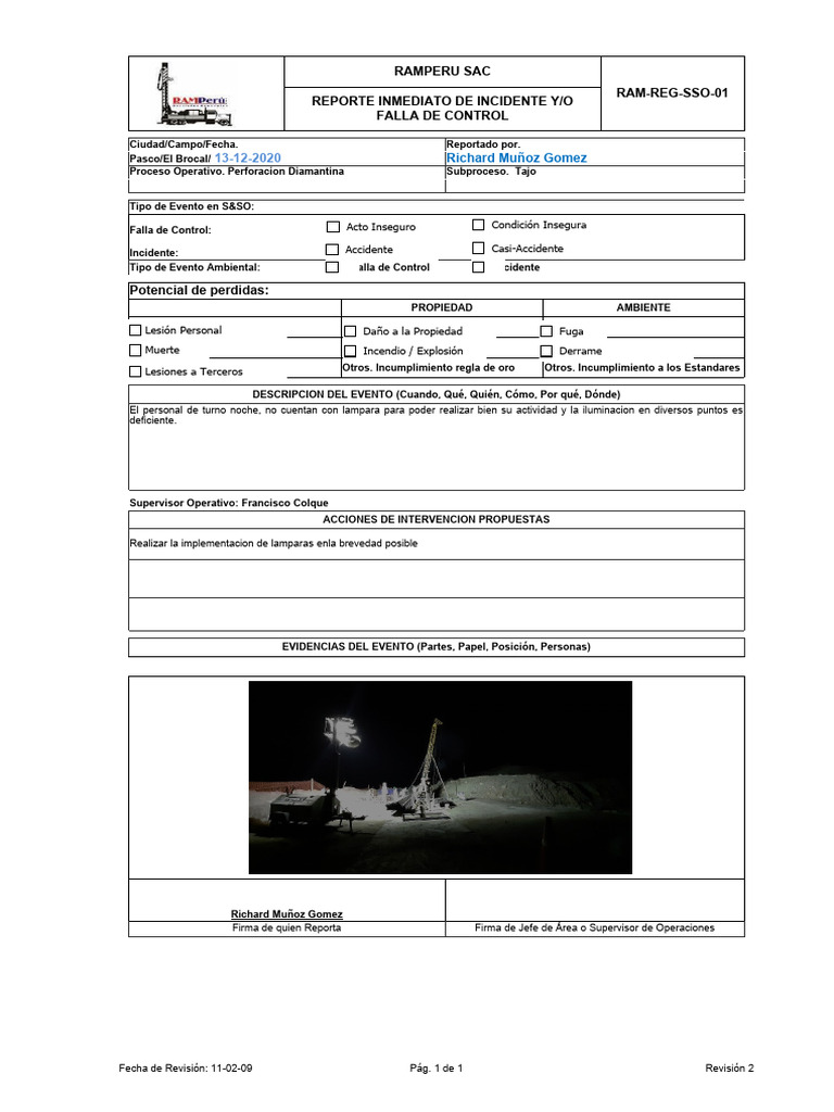 Reporte de Falla LAMPARA MINERA 13-12-2020 | PDF