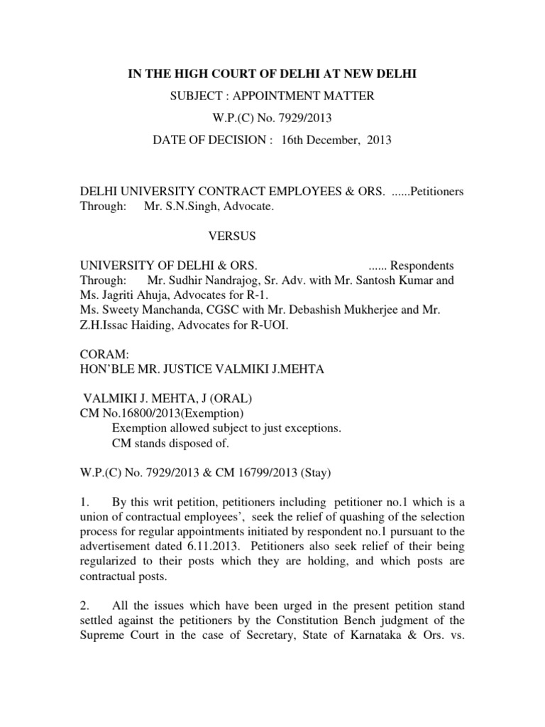 Delhi University Contract Emoployees Vs | PDF | Recruitment | Employment