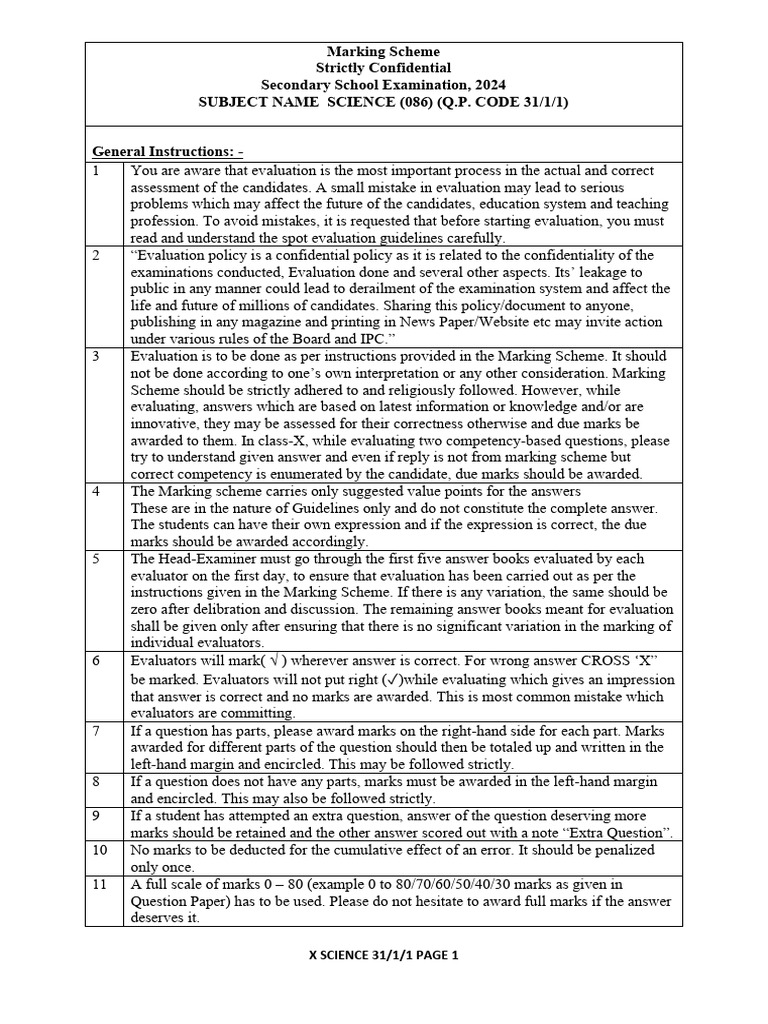 Class 10th Science Marking Scheme Set - 1 | PDF | Ph | Acid