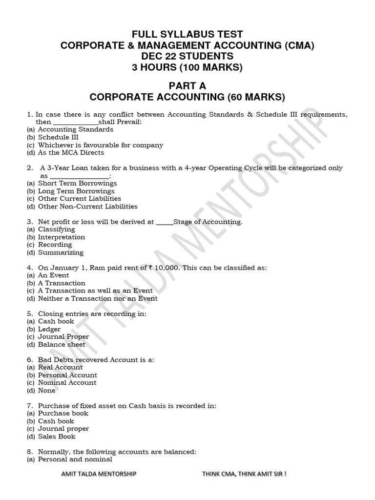 Cma Full Syllabus Question Paper | PDF | Money | Accounting