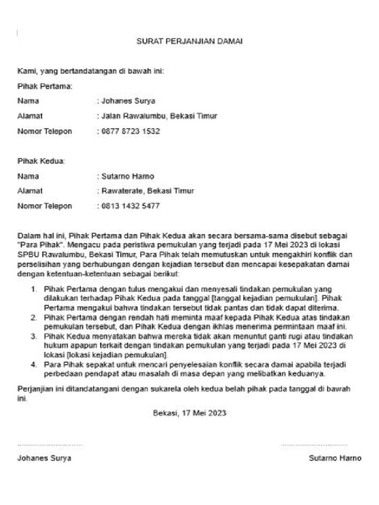 Surat Perjanjian Damai Pertengkaran | PDF