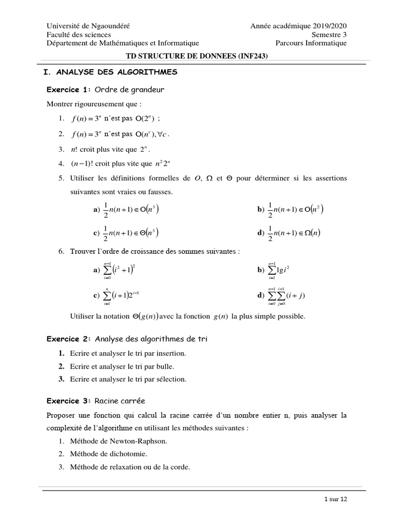 TD Structures de Données INF243 | PDF | Mathématiques | Algorithmes et ...