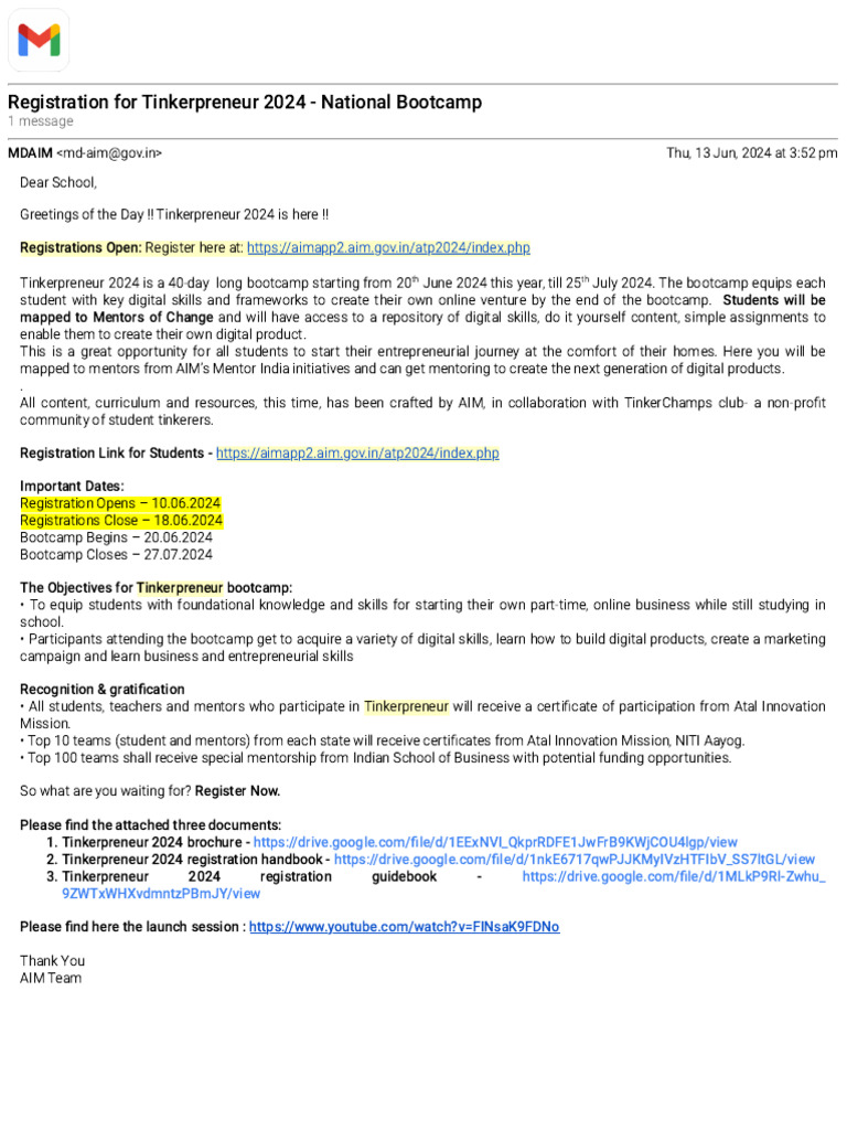 Gmail - Registration For Tinkerpreneur 2024 - National Bootcamp | PDF ...