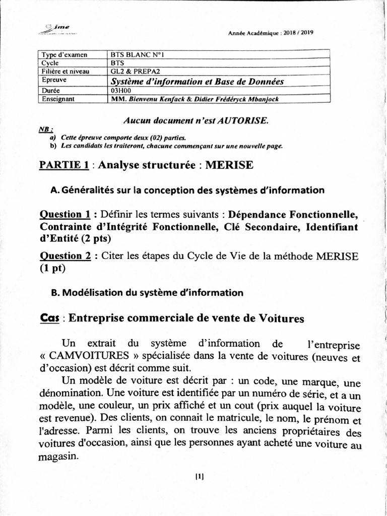 examen blanc n1 programmation système d'information et base de données | PDF