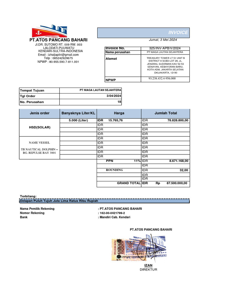 INVOICE 325 PT NIAGA LAUTAN SEJAHTERA 5 KL 3 MEI 2024 | PDF
