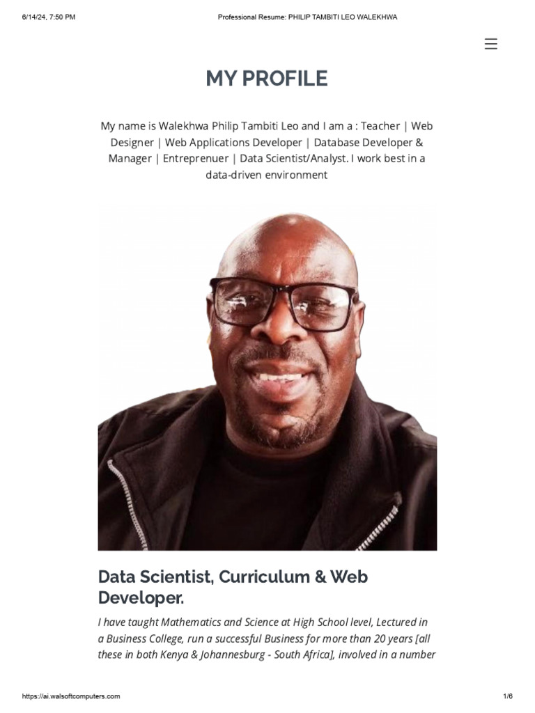 Professional Resume - Philip Tambiti Leo Walekhwa | PDF | Data Science ...
