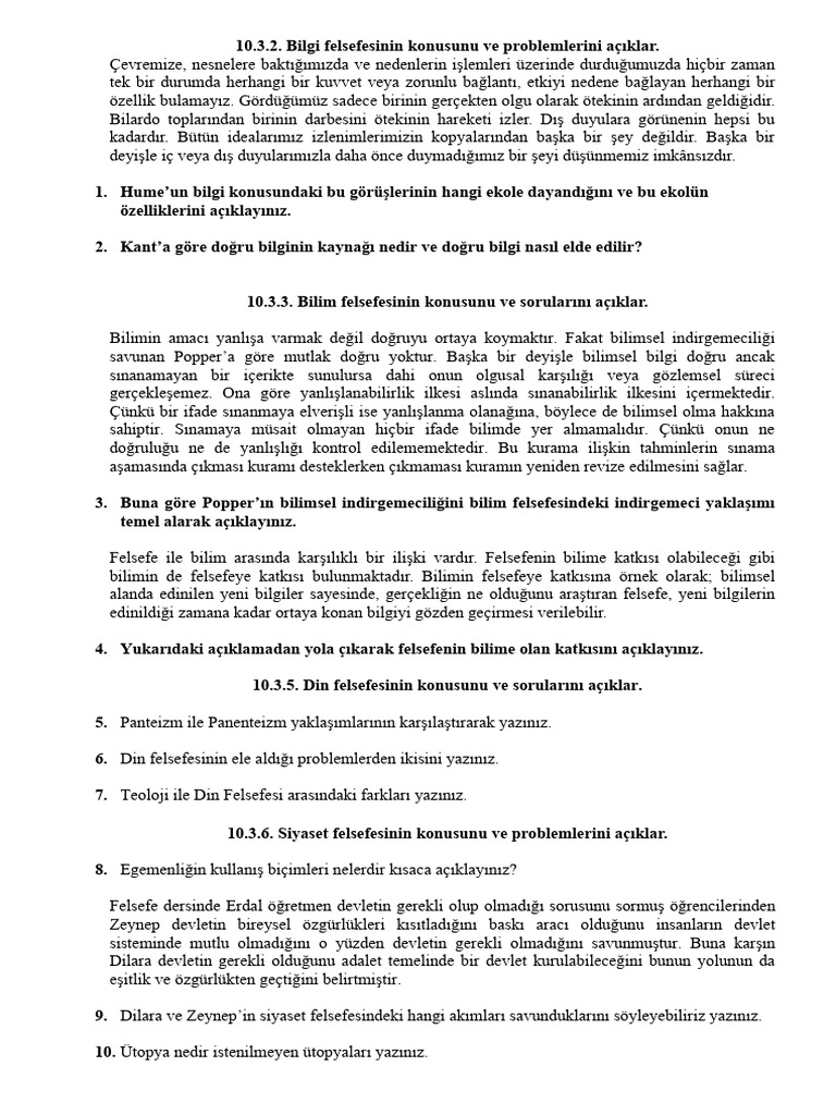 10.SINIF 2. FELSEFE SINAVI Örnek Sorular | PDF
