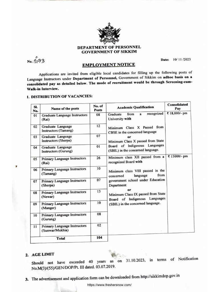 Department of Personnel Sikkim Vacancy | PDF