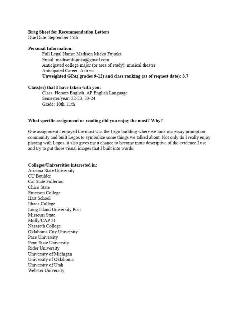 English Brag Sheet For Recommendation Letters | PDF
