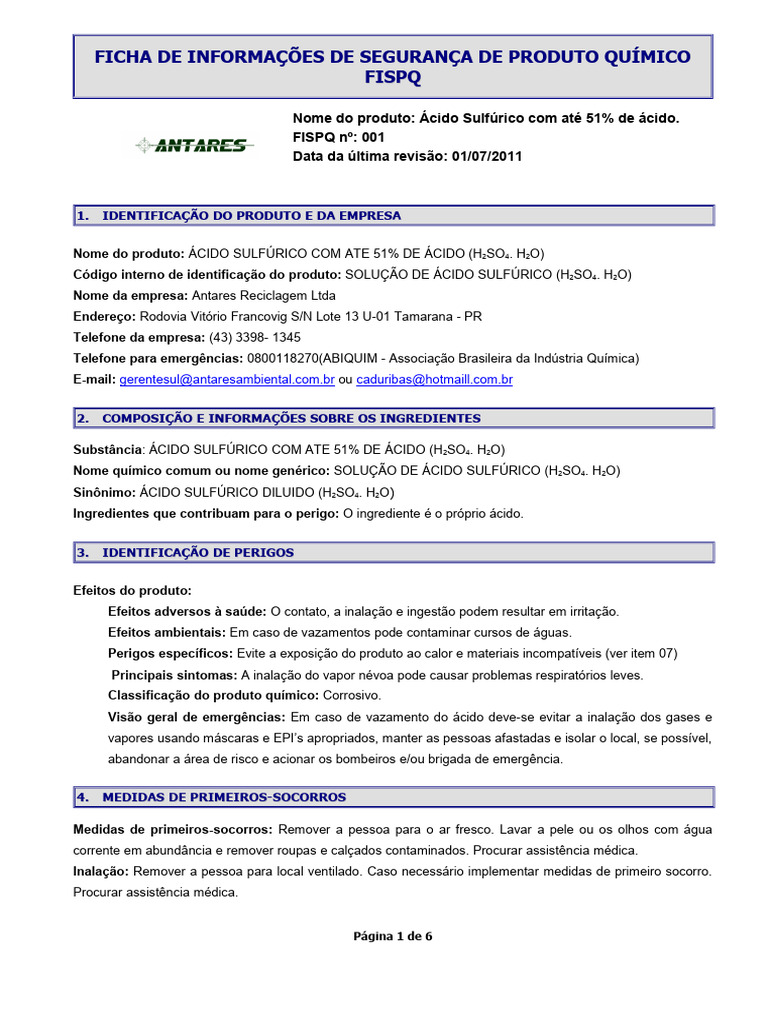 FISPQ: Ácido Sulfúrico 51% | PDF | Ácido sulfúrico | Incêndios