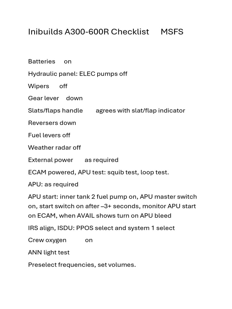 Inibuilds A300-600R (F) Checklist | PDF | Aviation Safety | Aerospace