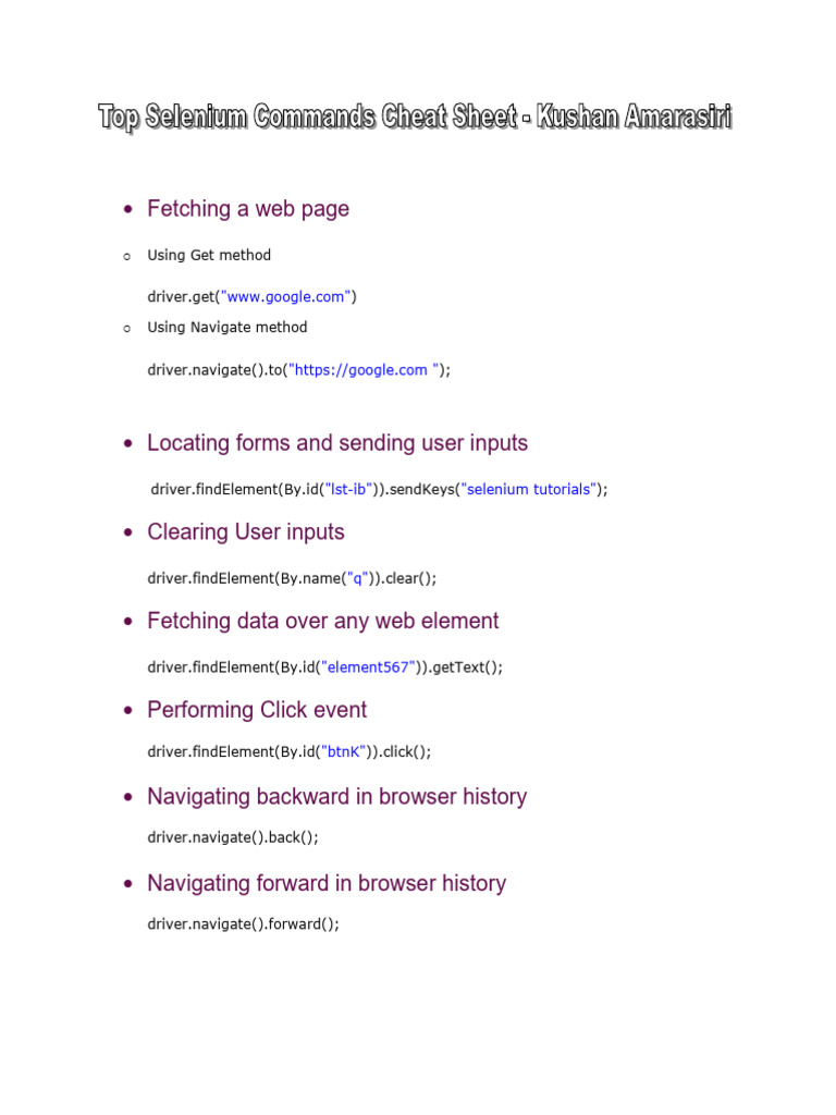 Top Selenium Commands Cheat Sheet | PDF