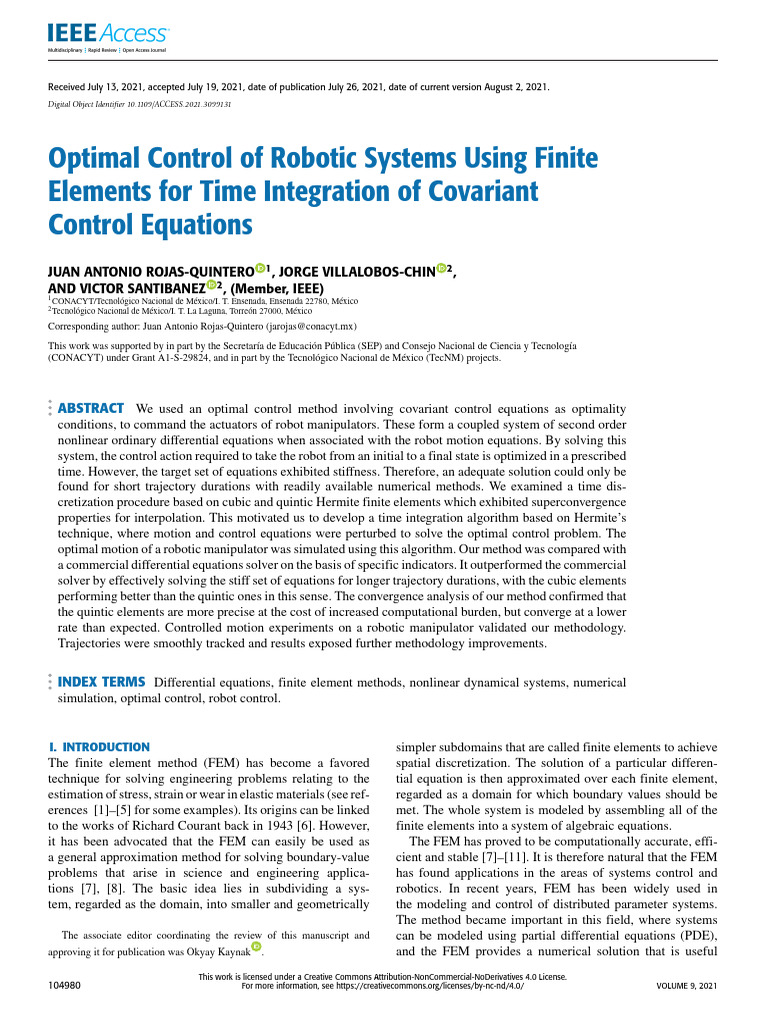Rojas Quintero Villalobos Chin Santibañez Optimal Control of Robotic System Using FE for time ...